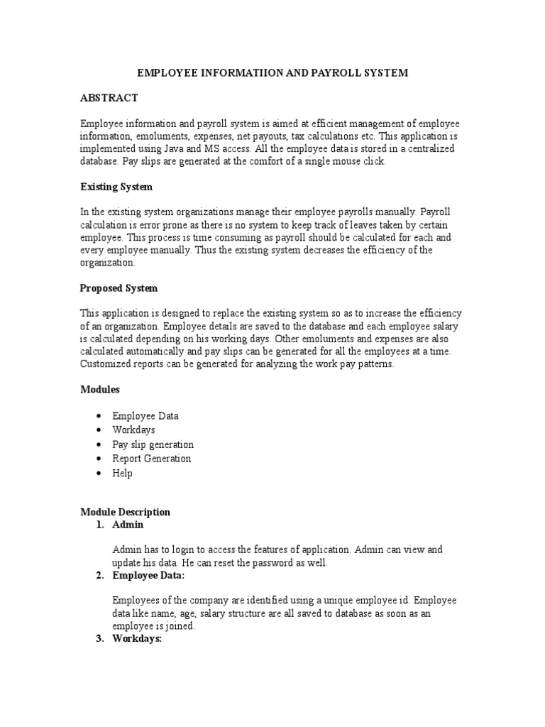 Employee Information and Payroll System Abstract | PDF | Payroll | Databases
