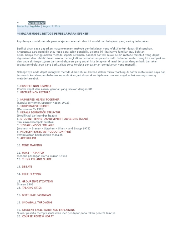 41 Macam Model Metode Pembelajaran Efektif | PDF