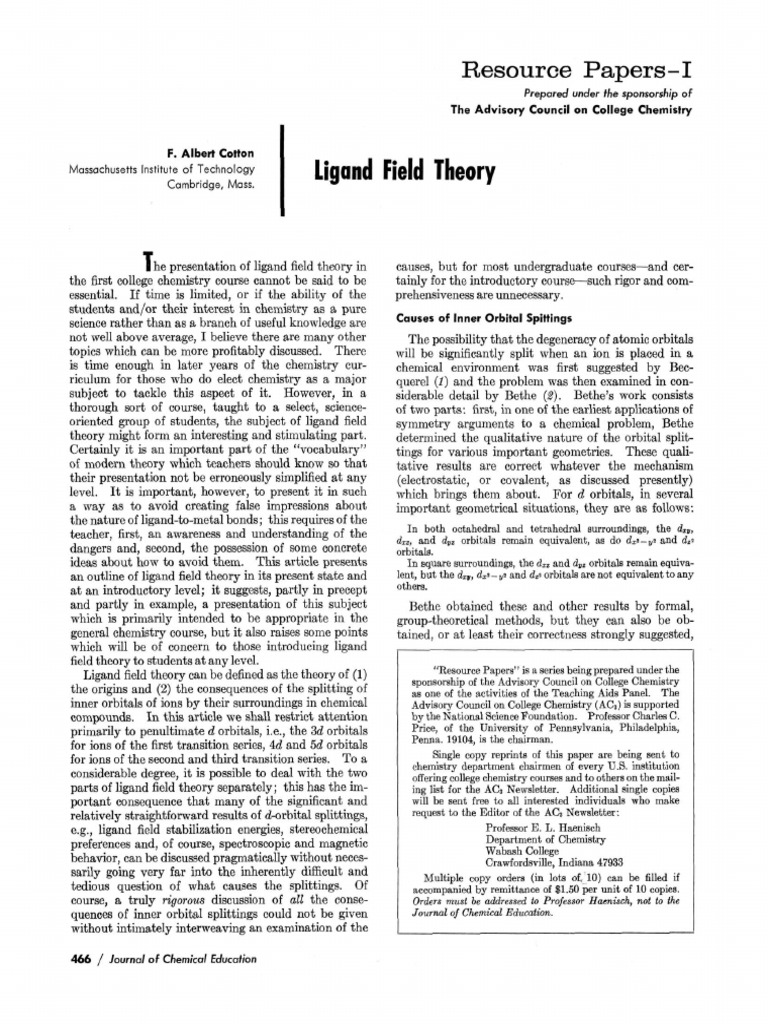 Ligand Field Theory. Cotton PDF | PDF | Atomic Orbital | Coordination ...