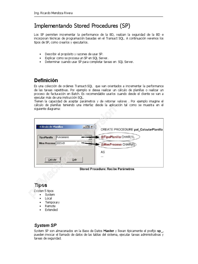 STORED PROCEDURES (Implementacion) SQL SERVER PDF | PDF | Servidor SQL de Microsoft ...