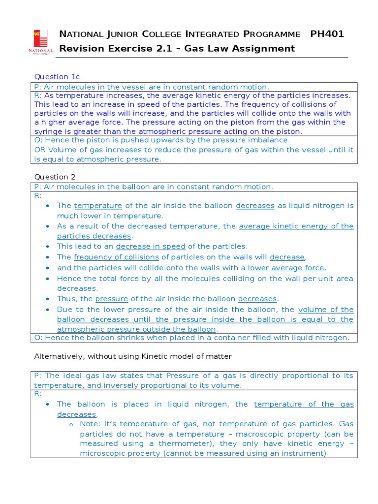 RE2.1 Gas Laws Assignment (Selected Answers) | PDF | Gases | Balloon