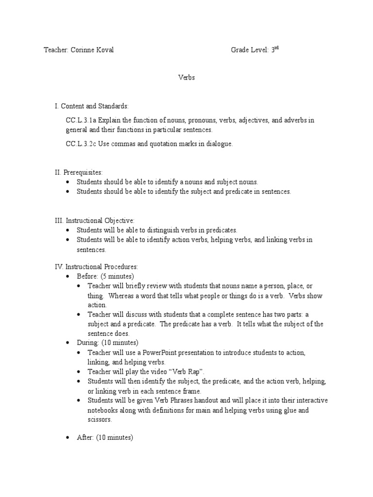 Verb Lesson Plan | PDF | Verb | Subject (Grammar)