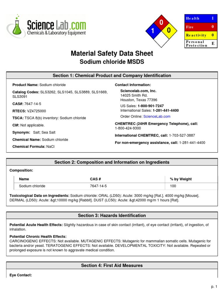 Msds NaCl PDF | PDF | Toxicity | Congenital Disorder