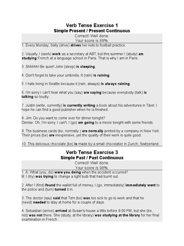 Verb Tense Exercises Overview | PDF | Perfect (Grammar) | Languages