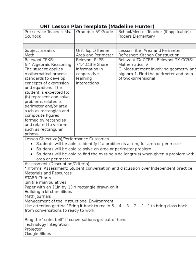 Area and Perimeter Lesson Plan for 5th Grade | PDF | Lesson Plan ...
