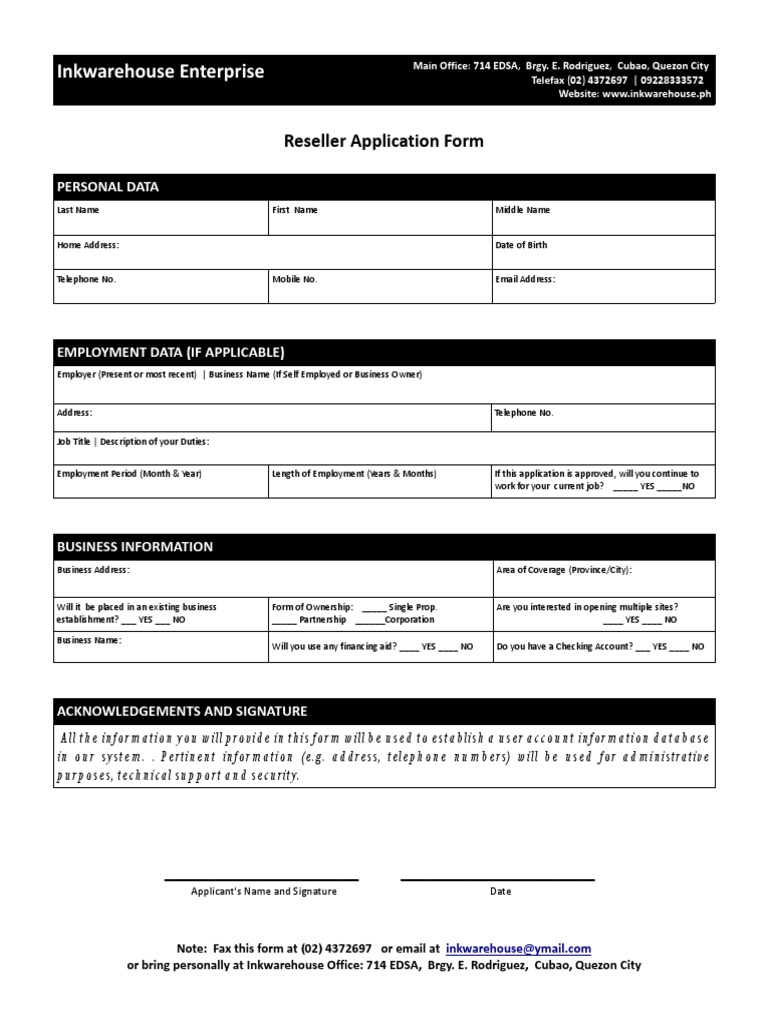Inkwarehouse Enterprise: Reseller Application Form | PDF