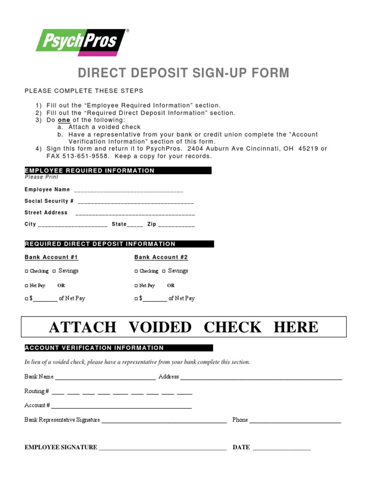 Attach Voided Check Here: Direct Deposit Sign-Up Form | PDF