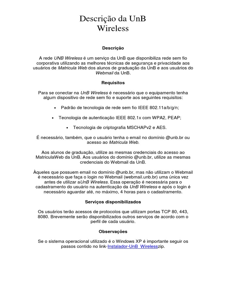 Descrio Unb Wireless | PDF | Sem fio | Informática