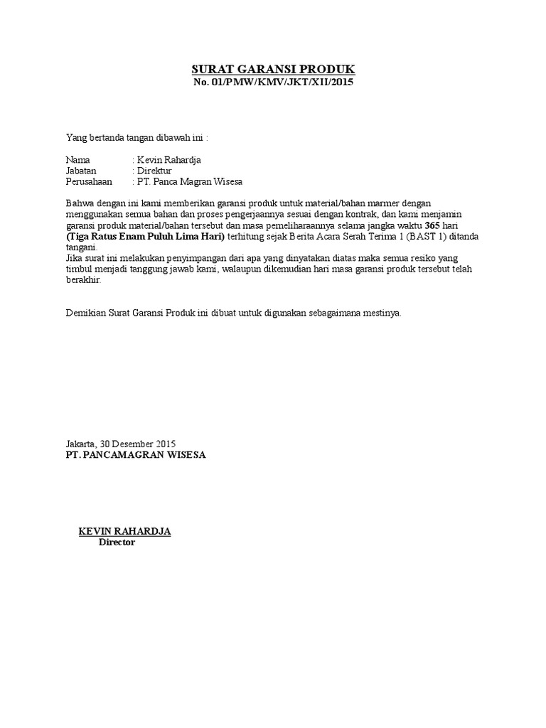 Surat Garansi Produk | PDF
