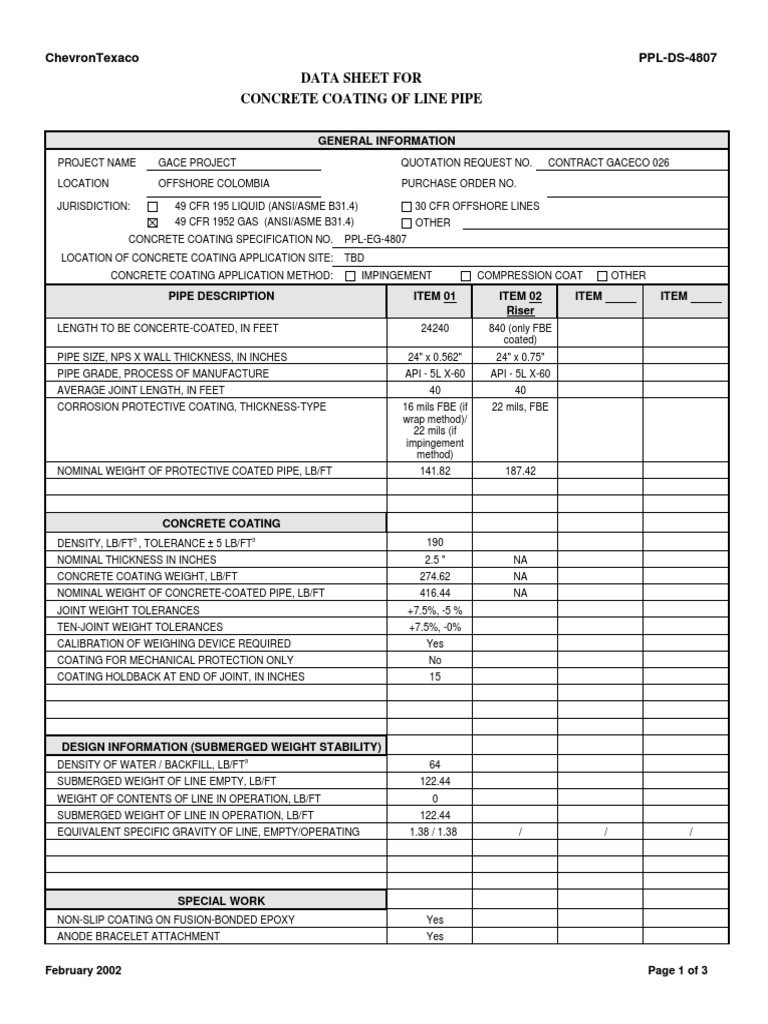 Data Sheet For Concrete Coating Of Line Pipe: Chevrontexaco Ppl-Ds-4807 ...