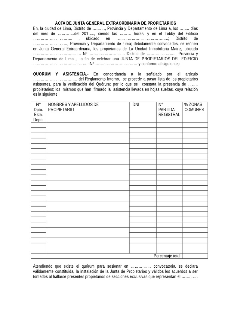 Eleccion de Directiva de Junta de Propietarios - Modelo de Acta | PDF | Gobierno | Política ...