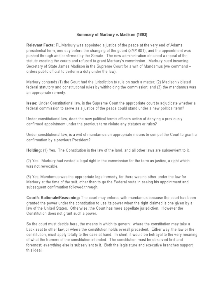 Case Brief Marbury Vs Madison | PDF | Marbury V. Madison | Mandamus