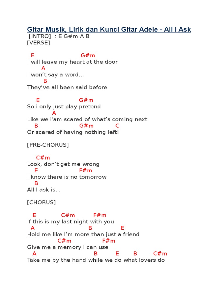 Gitar Musik, Lirik Dan Kunci Gitar Adele - All I Ask | PDF