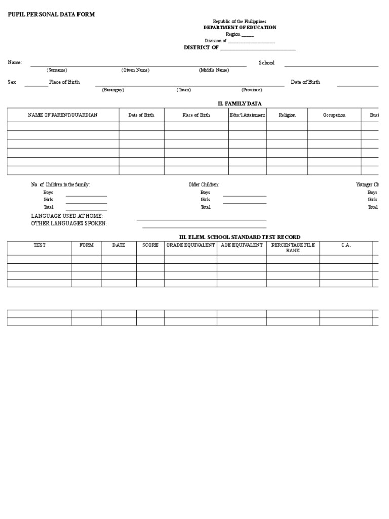 Pupil Personal Data Form | PDF | Medical Specialties | Diseases And ...