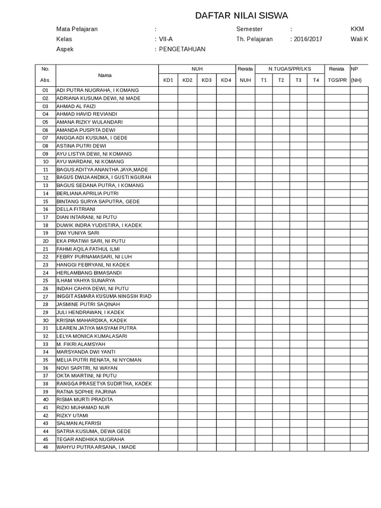 Buku Nilai Kelas 7 2016 - 2017 | PDF