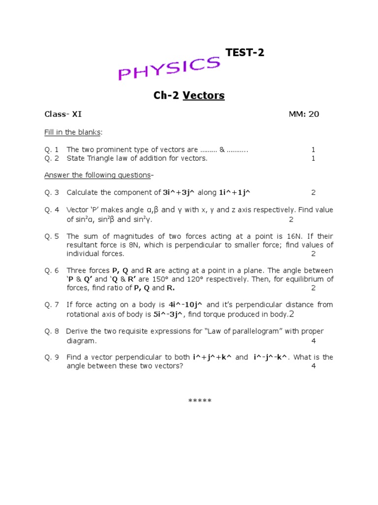 Class XI Vectors Quiz | PDF | Science & Mathematics