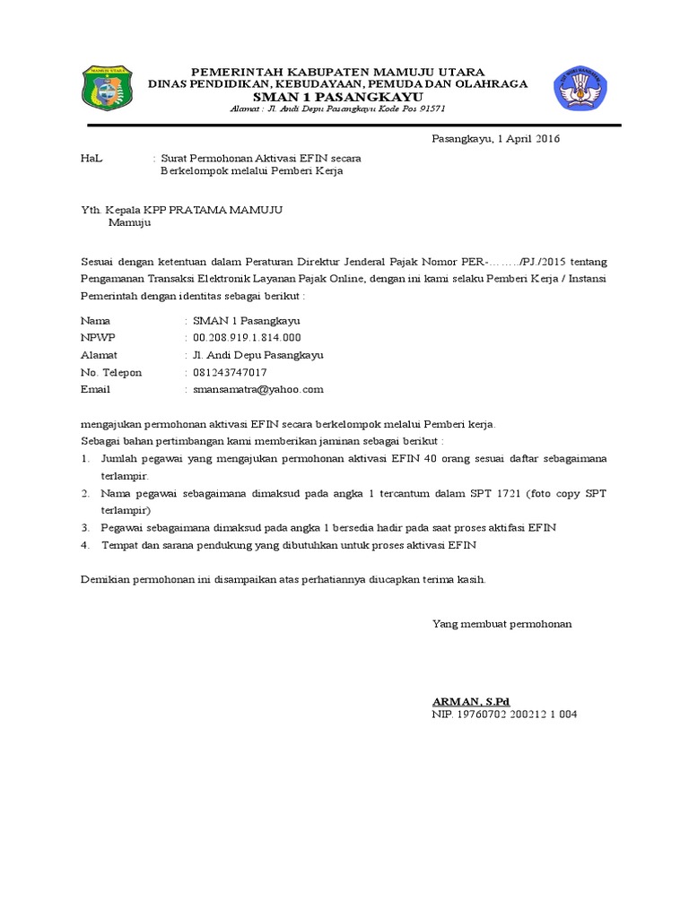 Contoh Surat Permohonan EFIN | PDF