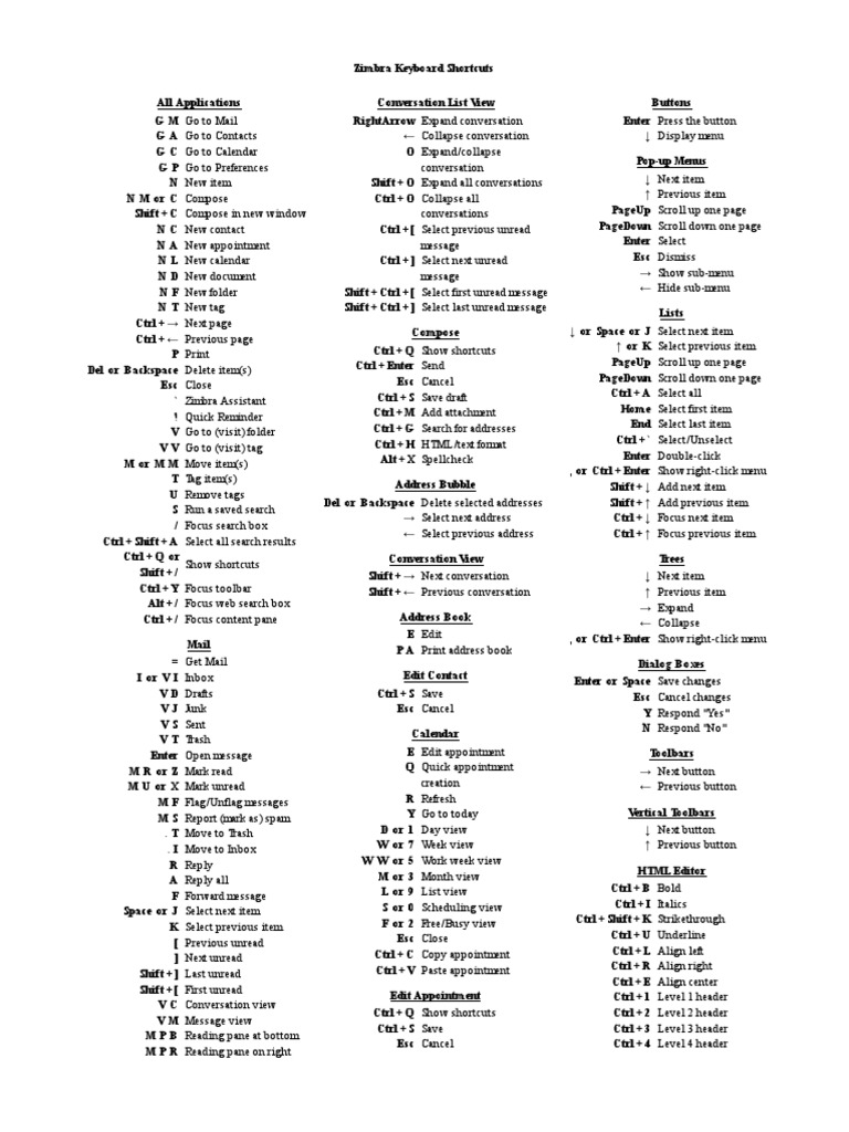Zimbra Keyboard Shortcuts | PDF | Keyboard Shortcut | Computer Keyboard