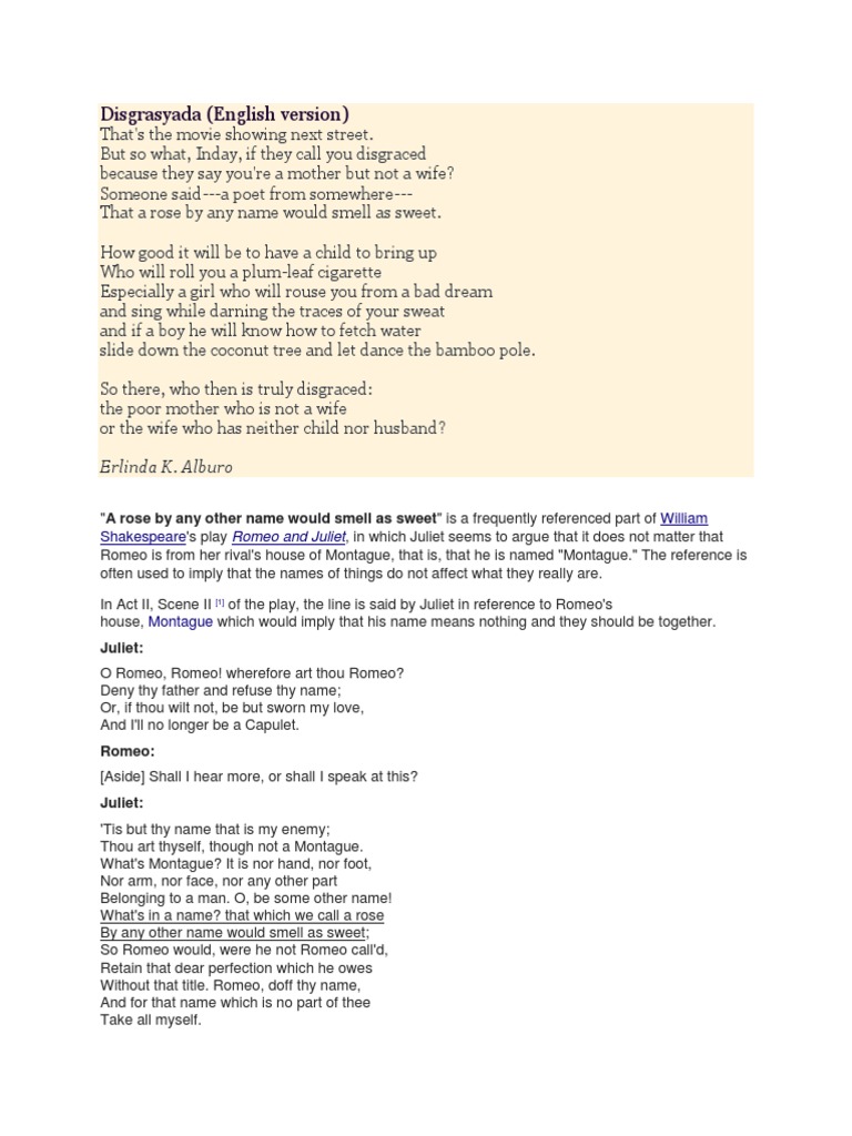 Disgrasyada - Erlinda Alburo | PDF | Characters In Romeo And Juliet ...