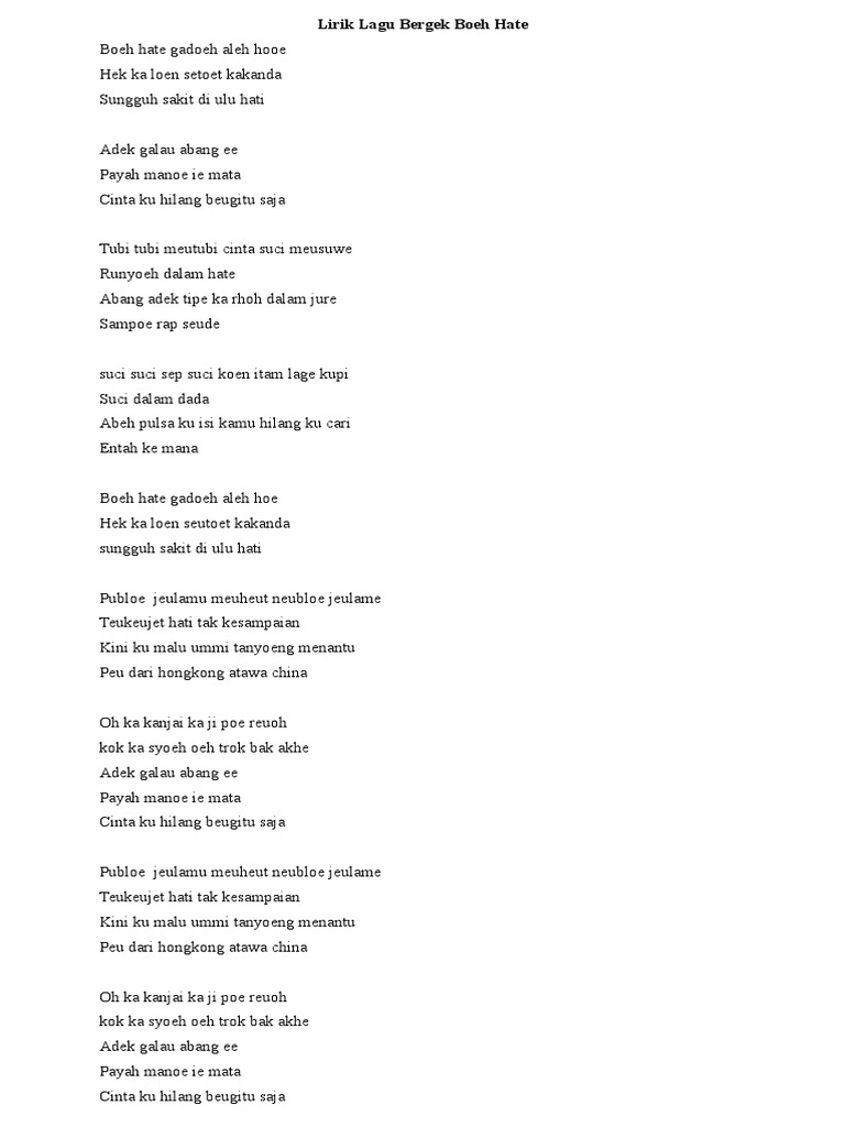 Lirik Lagu Bergek Boeh Hate | PDF