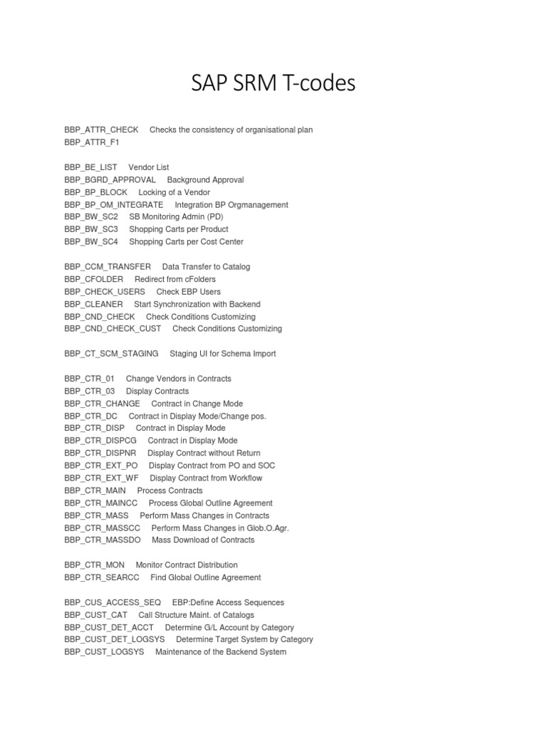 Sap SRM Tcodes | PDF | Workflow | Email