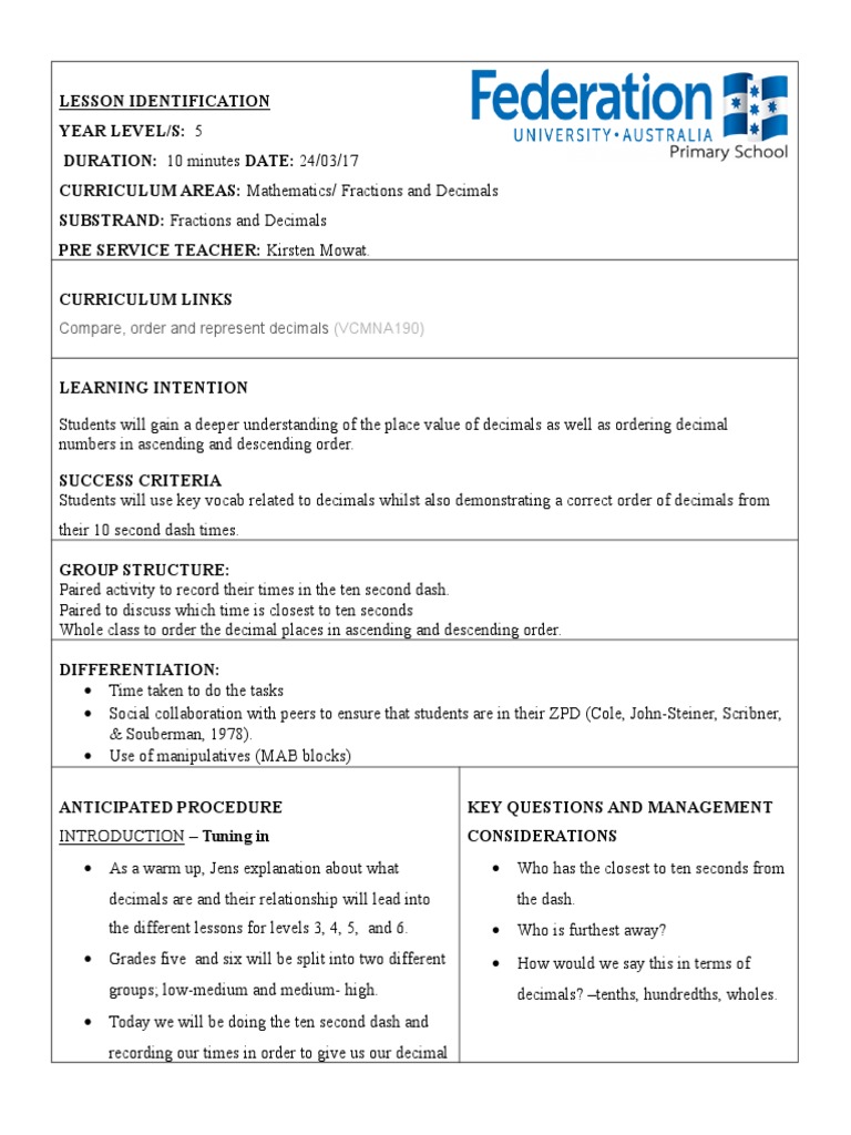 Decimals 5 Lesson Plan | PDF