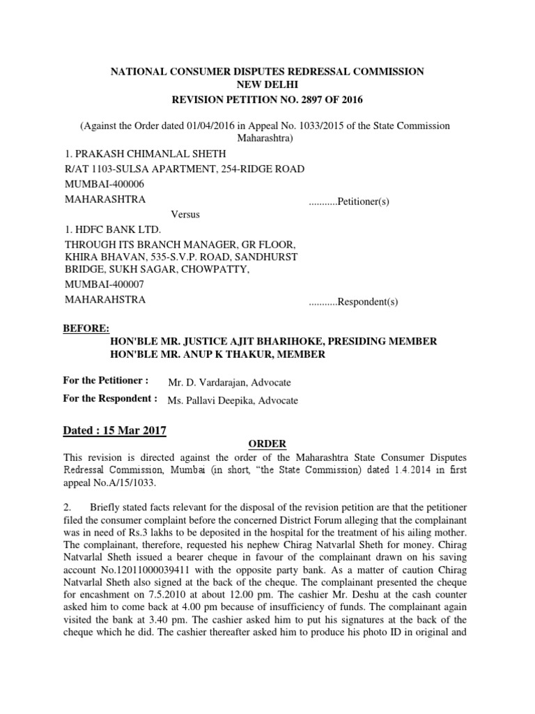 NCDRC Order DTD 15.3.17 in HDFC Matter | PDF | Cheque | Government