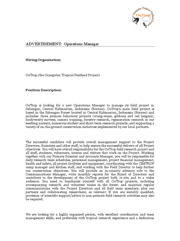 Outrop Operations Manager Job Advert 2014 | PDF | Orangutan | Indonesia