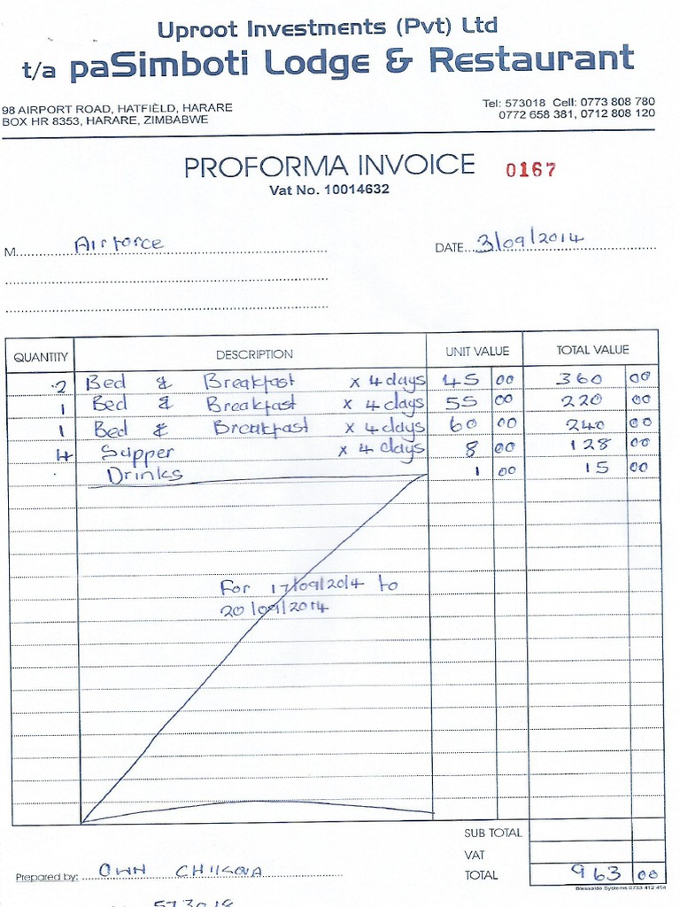 Pasimboti Lodge and Restaurant Proforma Invoice | PDF