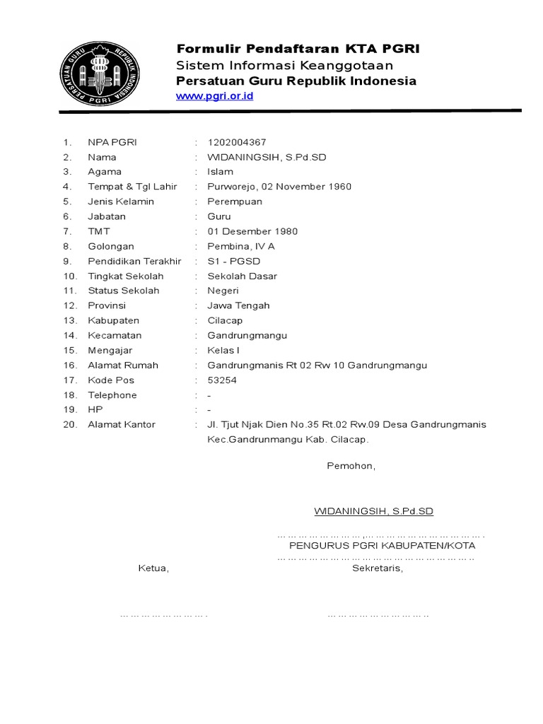 Formulir Pendaftaran Kta Pgri | PDF