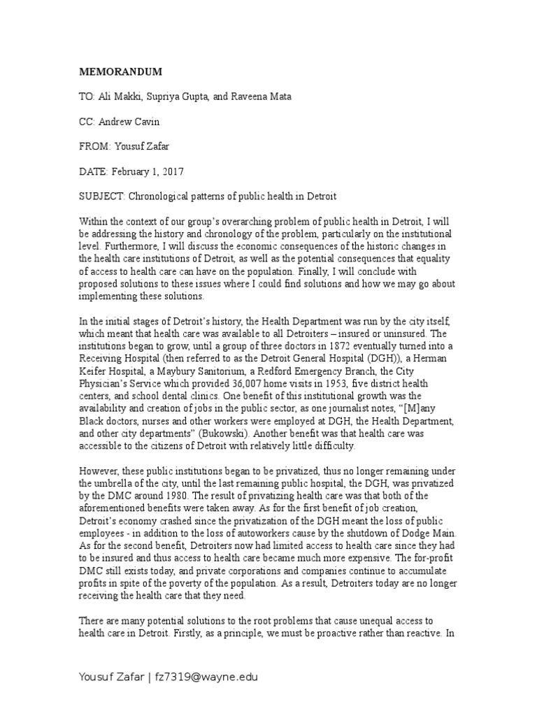 Memorandum | Preventive Healthcare | Chronic Condition