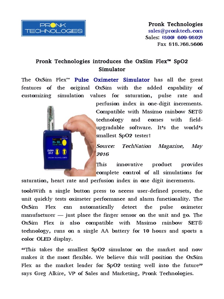 Pronk Technologies Introduces The OxSim Flex™ SpO2 Simulator | PDF ...