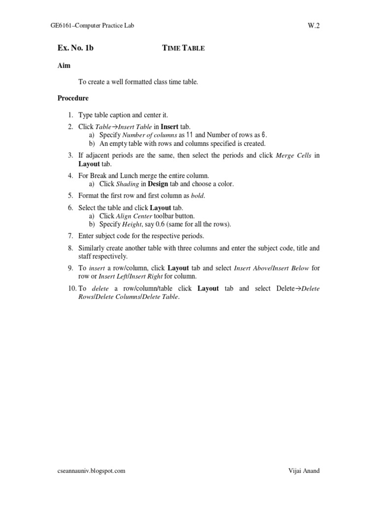 Ex. No. 1b T T: Insert Table in Insert Tab | PDF | Areas Of Computer ...