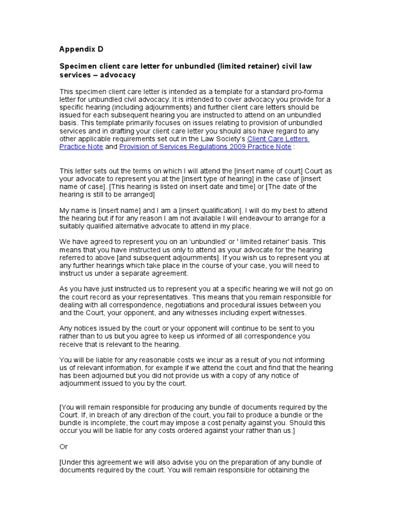 Client Care Letter Template for Advocacy | PDF | Costs In English Law ...
