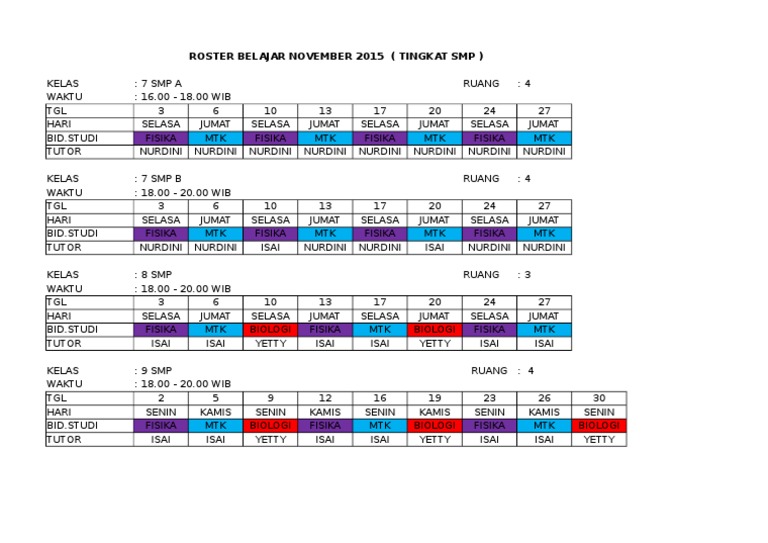 November 2015 Learning Schedule for Junior High School Classes at SMP ...