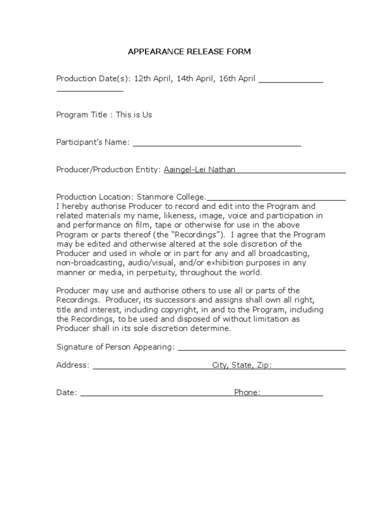 Appearance Release Form | PDF