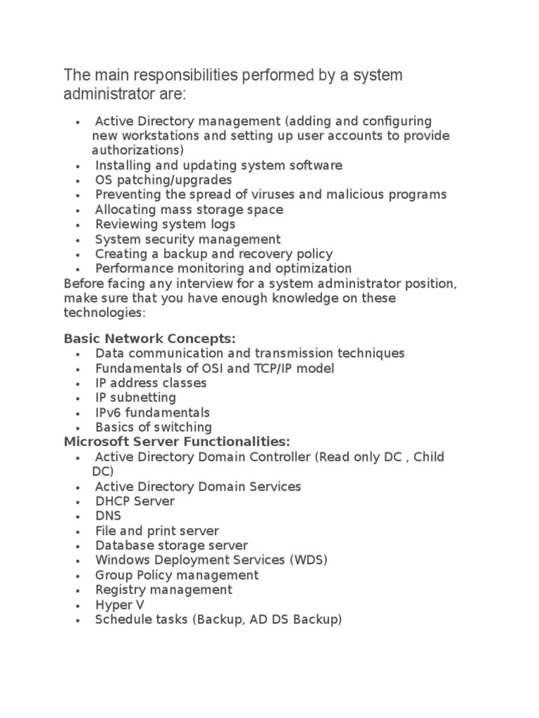 The Main Responsibilities Performed by A System Administrator | PDF