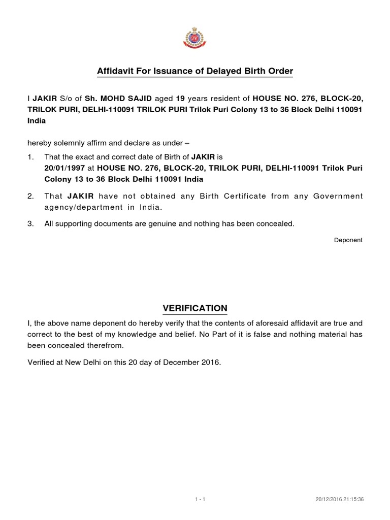 Affidavit For Issuance of Delayed Birth Order | Download Free PDF ...