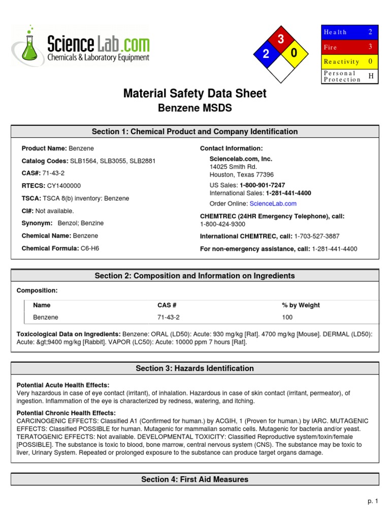 MSDS Benzene PDF | PDF | Flammability | Chlorine