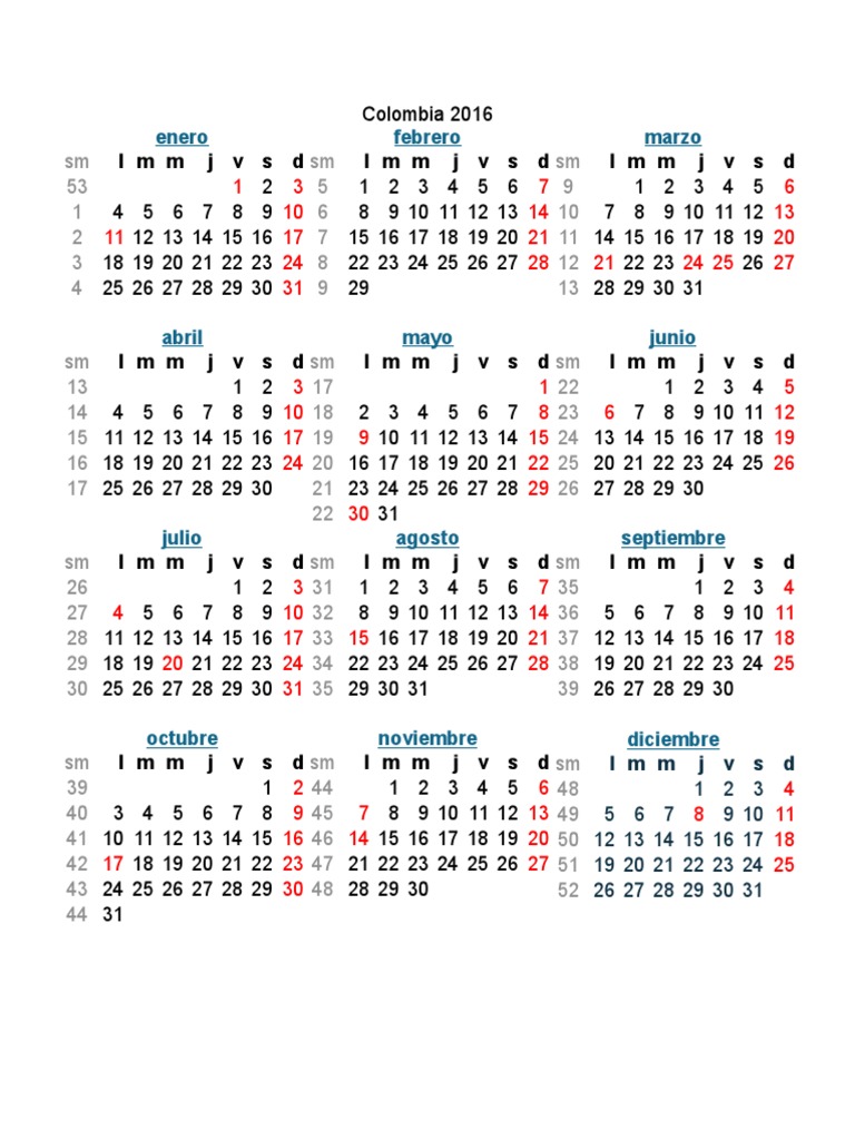 Calendario Colombia Con Festivos 2016 y 2017 | PDF
