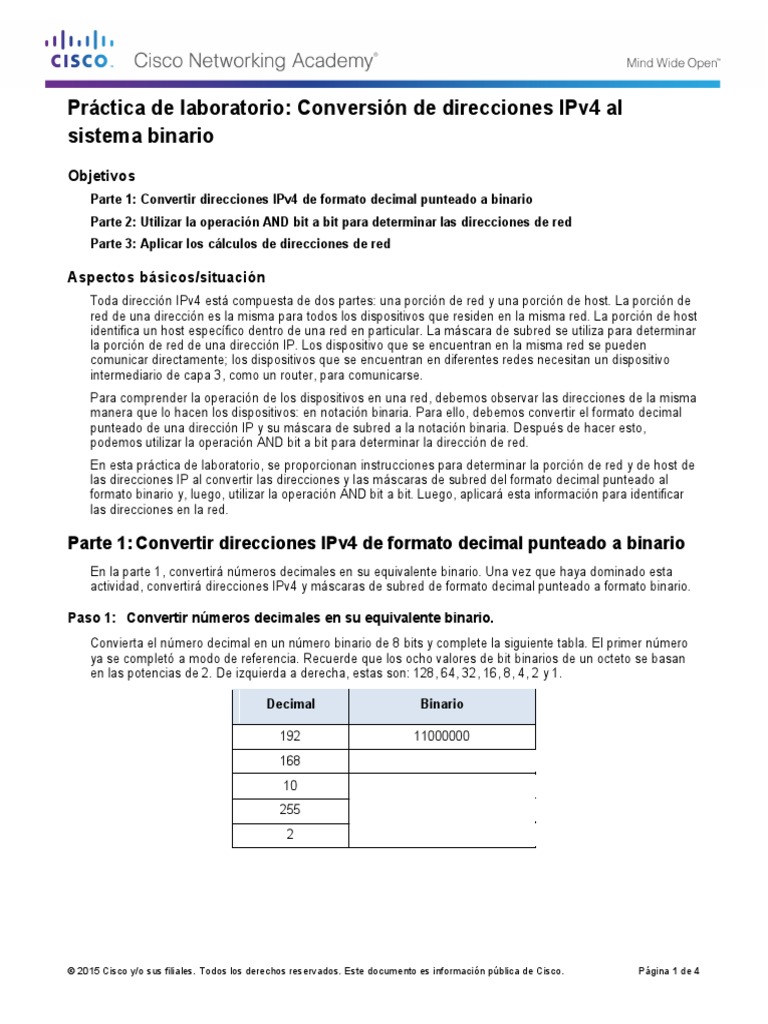 7.1.2.9 Lab - Converting IPv4 Addresses To Binary | Descargar gratis PDF | Dirección IP | Poco