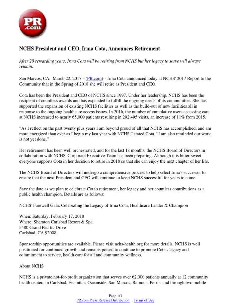 NCHS President and CEO, Irma Cota, Announces Retirement | PDF | Chief ...