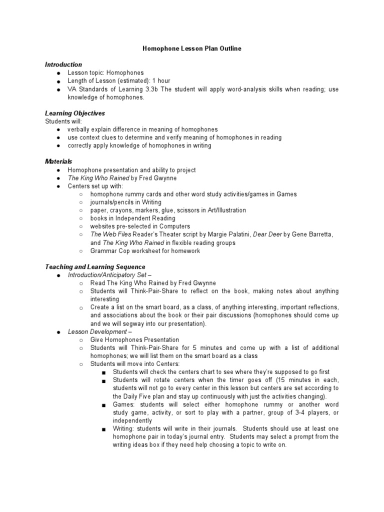 Homophone Lesson Plan | PDF | Reading Comprehension | Lesson Plan