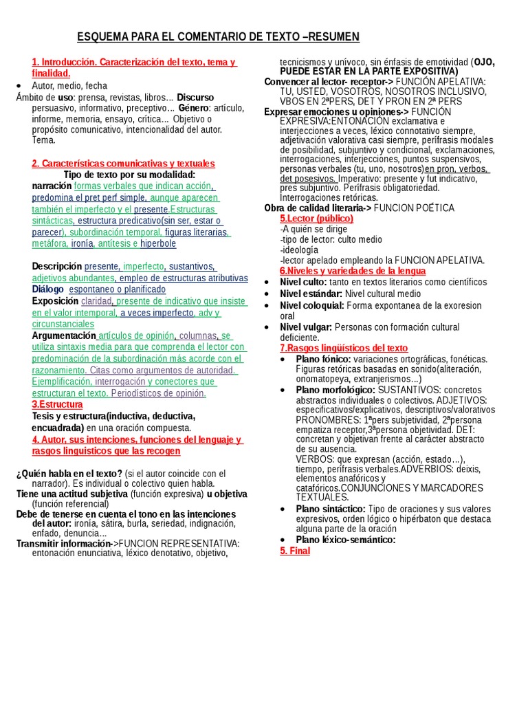Esquema para El Comentario de Texto | PDF | Verbo | Oración (Lingüística)
