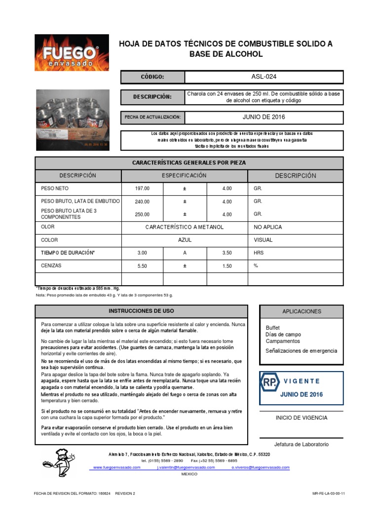 1. Ficha Tecnica Alcohol Solido | Aluminio | Energía y recursos