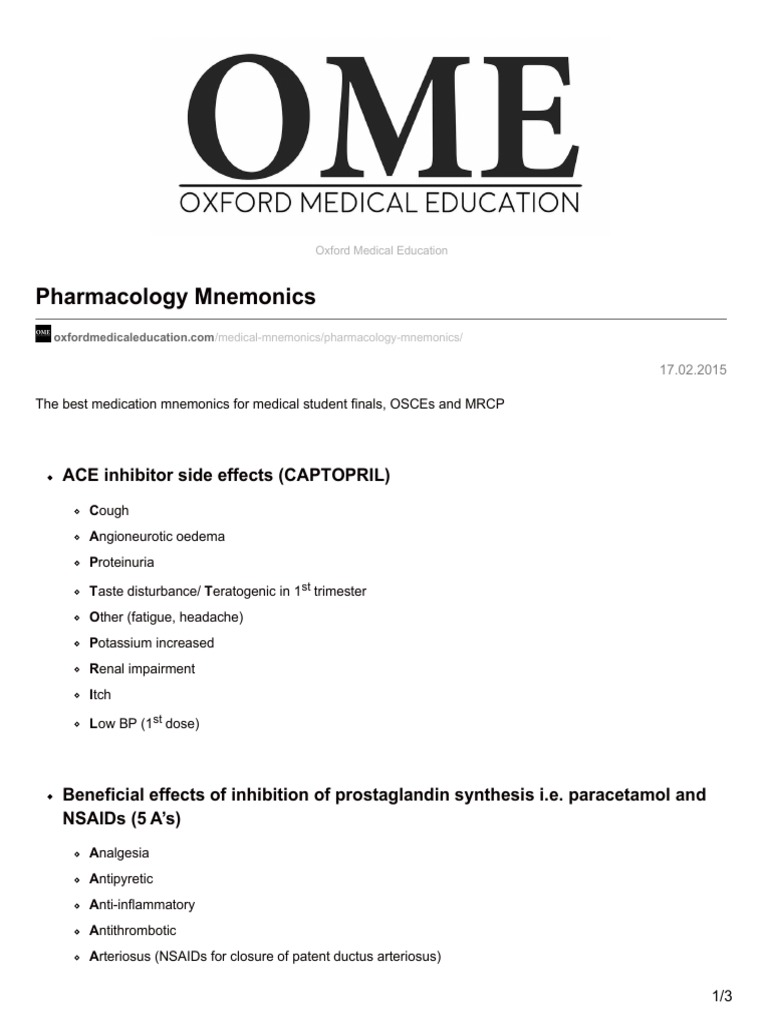 Pharmacology Mnemonics: ACE Inhibitor Side Effects (CAPTOPRIL) | PDF