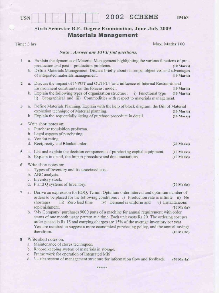 VTU Material Management Question Paper PDF | PDF