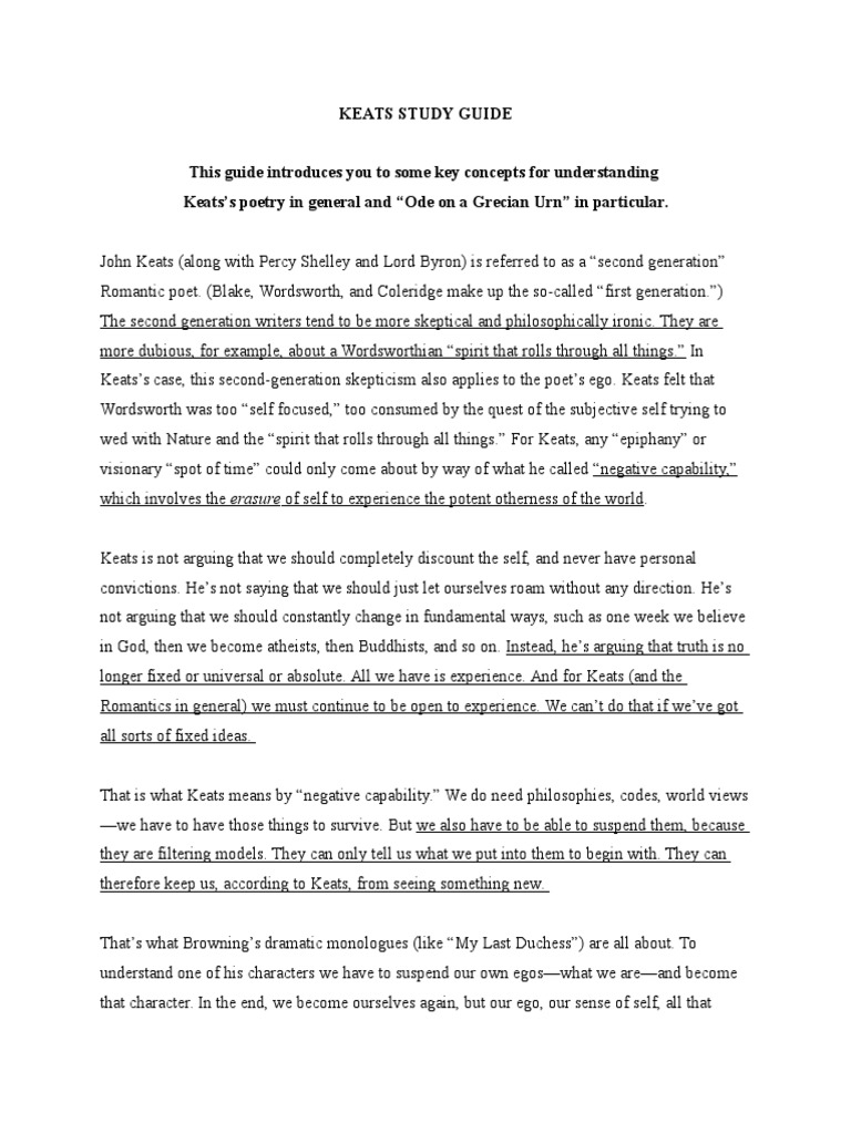 Ode On Grecian Urn Study Guide | PDF | John Keats | Psychological Concepts
