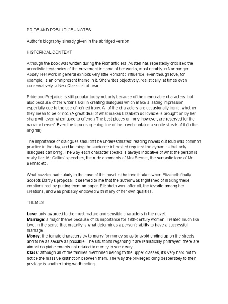 Prideandprejudice Notes | PDF | Pride And Prejudice | Irony