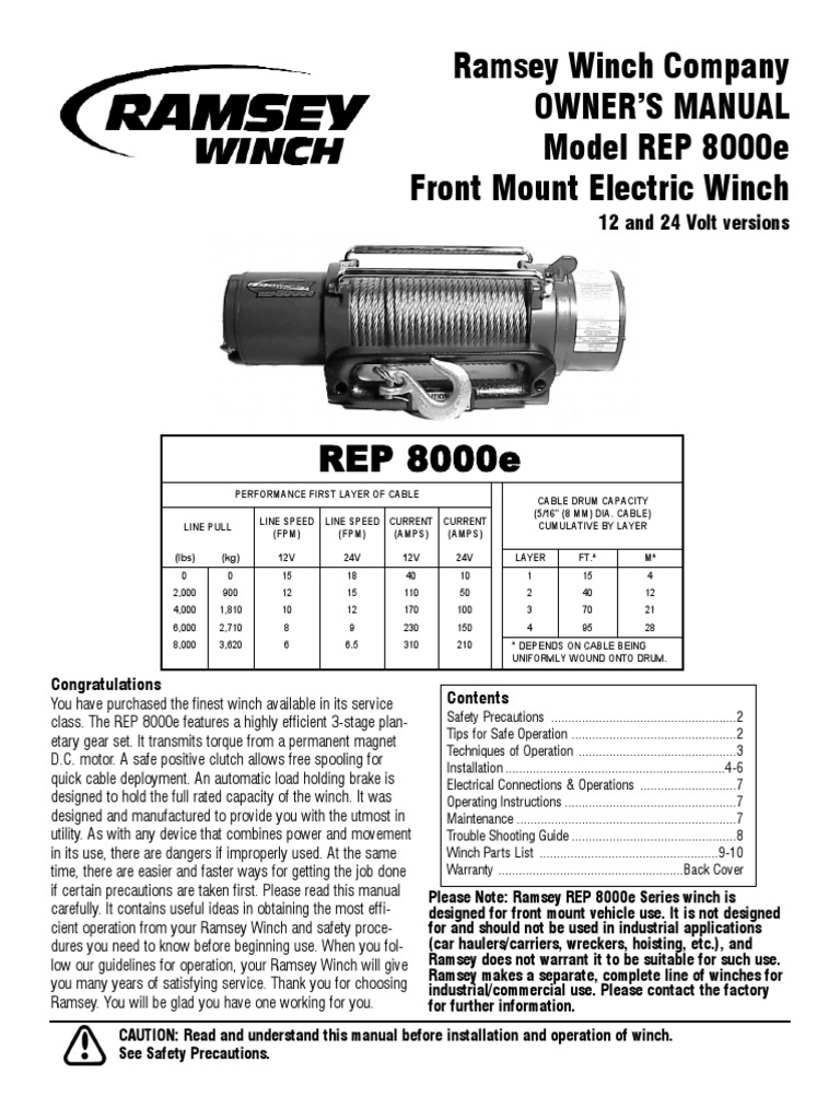 REP 8000e: Ramsey Winch Company Owner'S Manual Model REP 8000e Front ...